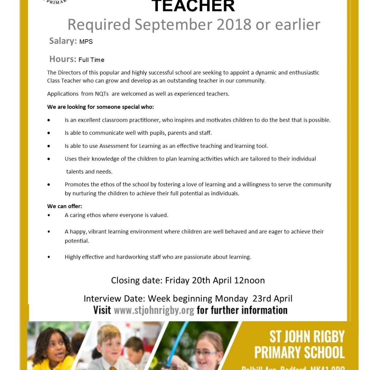 St John Rigby Catholic Primary School - CLASS TEACHER VACANCY AT SJR